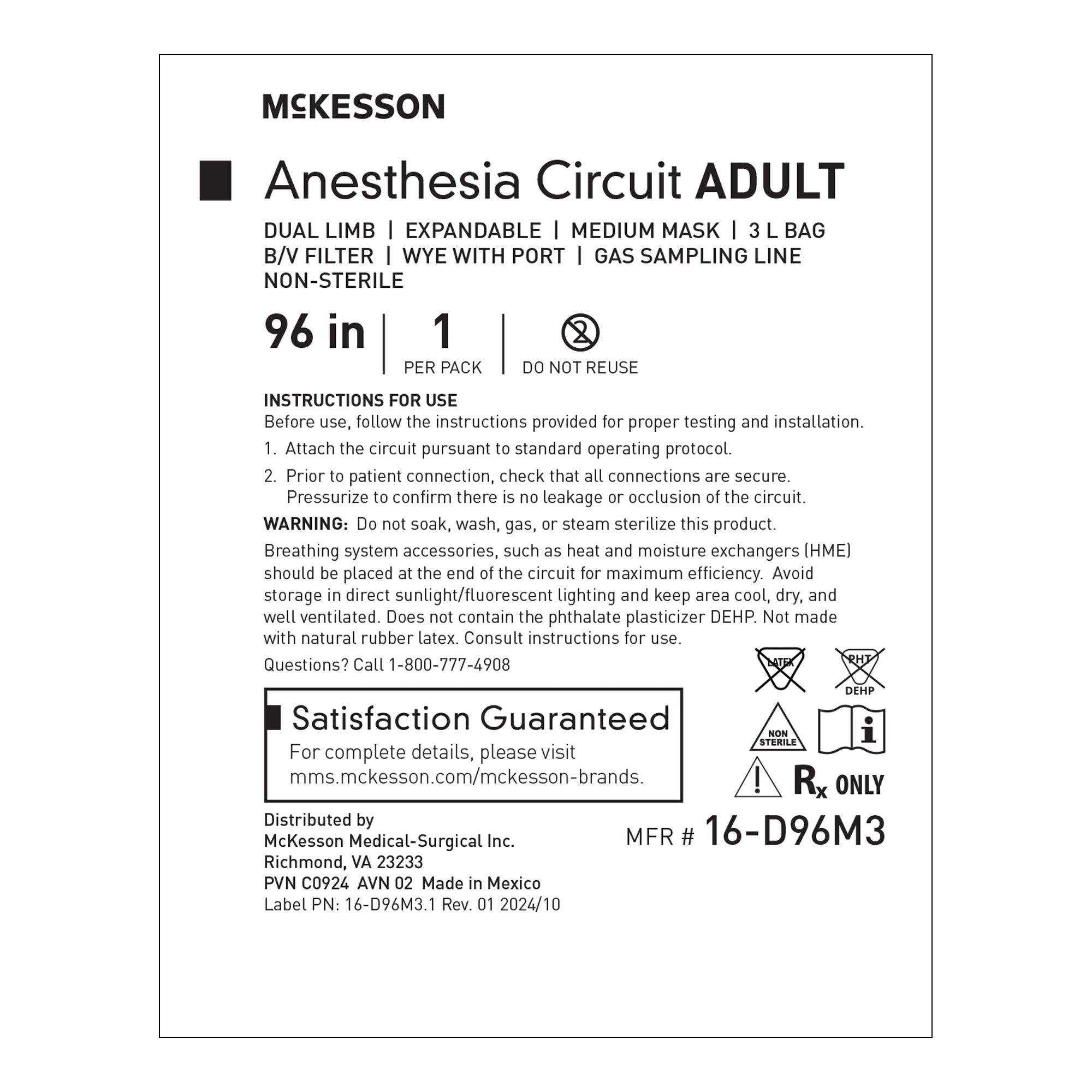 Anesthesia Breathing Circuit Expandable Adult 3 Liter Bag 96 inch tube
