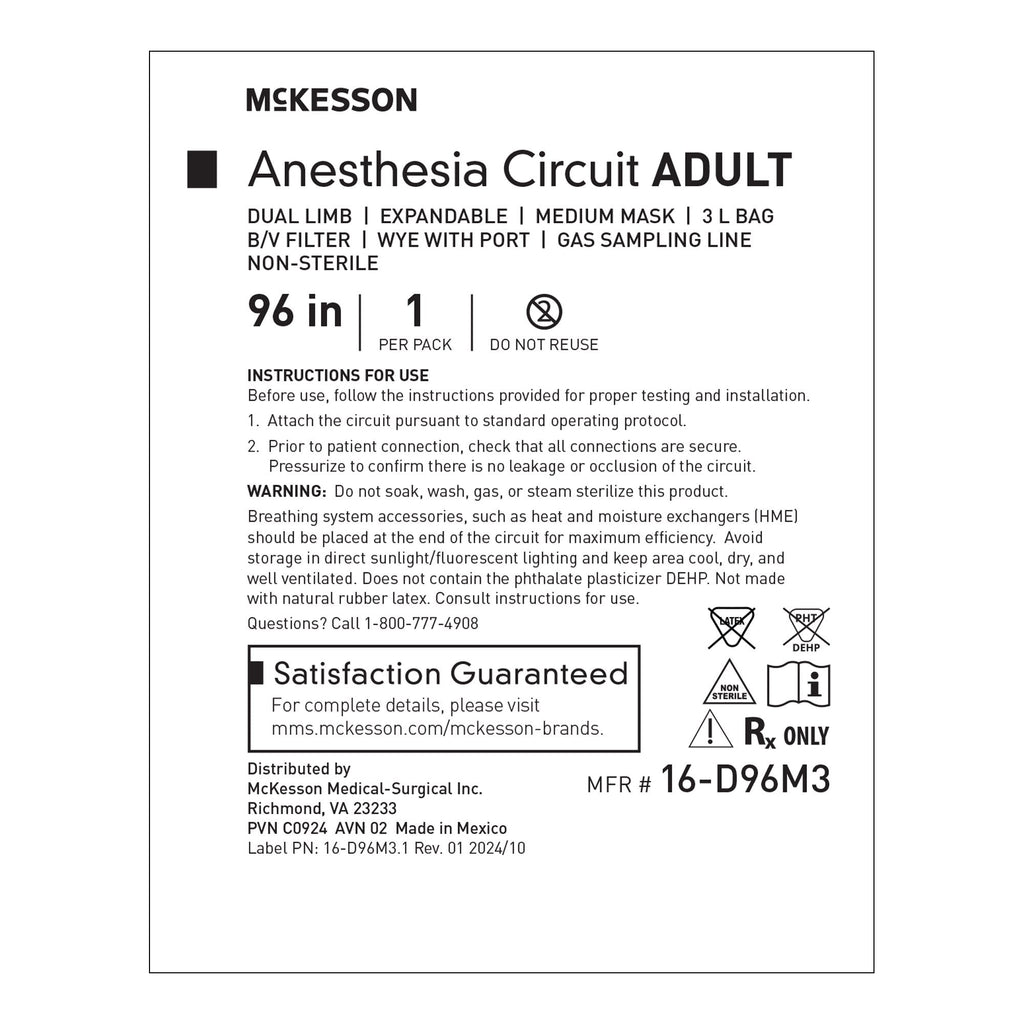 Anesthesia Breathing Circuit Expandable Adult 3 Liter Bag 96 inch tube